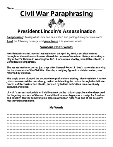 President Lincoln's Assassination Paraphrasing Worksheet | Teaching ...