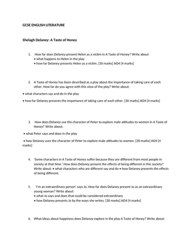 GCSE ENGLISH LITERATURE bank of essay questions "A Taste of Honey ...