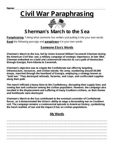 Sherman's March to the Sea Paraphrasing Worksheet | Teaching Resources