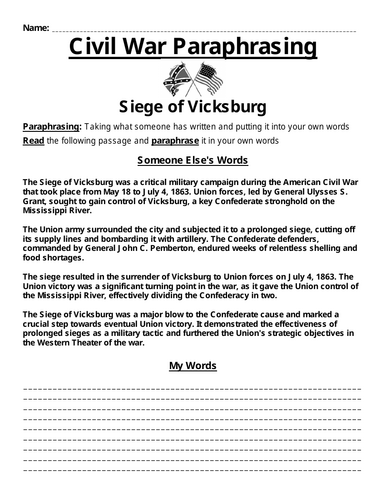 Siege of Vicksburg Paraphrasing Worksheet | Teaching Resources