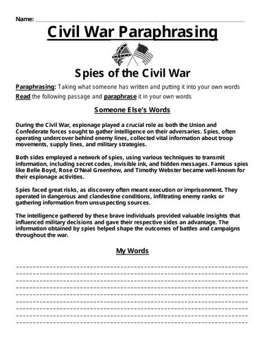 Spies of the American Civil War Paraphrasing Worksheet | Teaching Resources