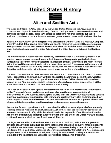 Alien and Sedition Acts “Article & Questions” Assignment | Teaching ...