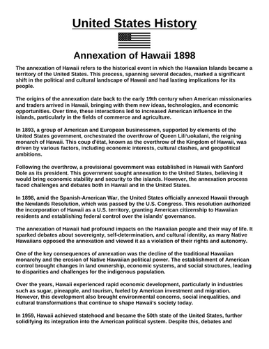 U.S. Annexation of Hawaii 1898 “Article & Questions” Assignment ...
