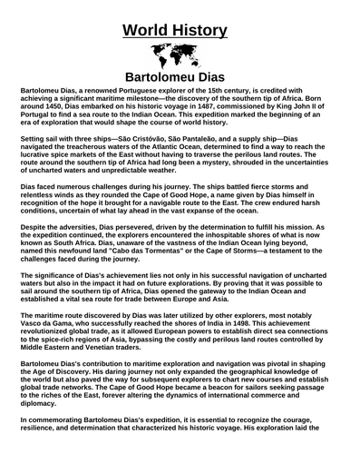 Bartolomeu Dias “Article & Questions” Assignment | Teaching Resources