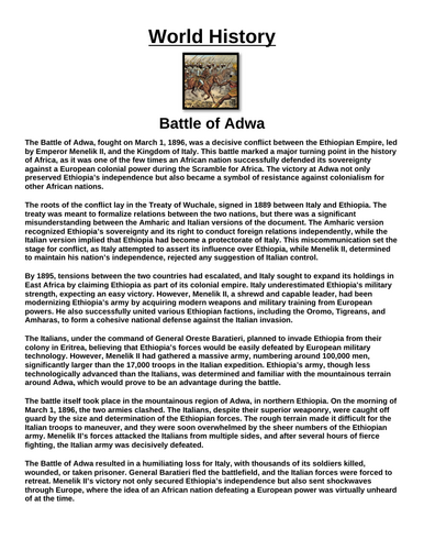 Battle of Adwa “Article & Questions” Assignment | Teaching Resources