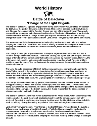 Battle of Balaclava “Article & Questions” Assignment | Teaching Resources