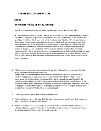 A LEVEL ENGLISH LITERATURE exam questions "Hamlet" | Teaching Resources