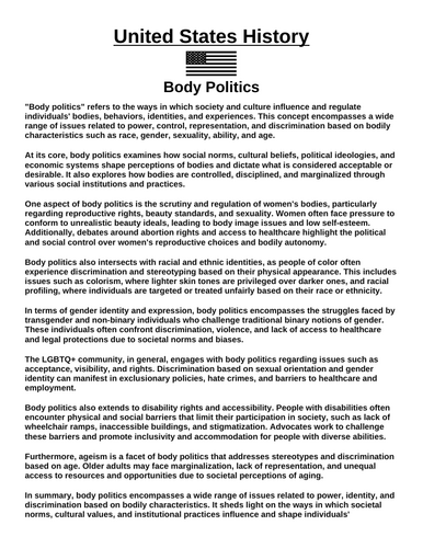 Body Politics “Article & Questions” Assignment | Teaching Resources