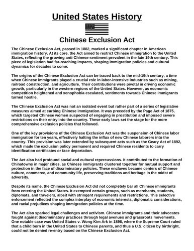 Chinese Exclusion Act “Article & Questions” Assignment | Teaching Resources