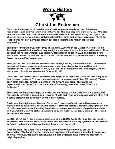 Christ the Redeemer “Article & Questions” Assignment | Teaching Resources
