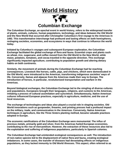Columbian Exchange “Article & Questions” Assignment | Teaching Resources