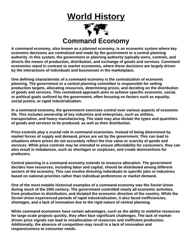 Command Economy “Article & Questions” Assignment | Teaching Resources
