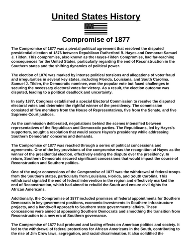 Compromise of 1877 “Article & Questions” Assignment | Teaching Resources