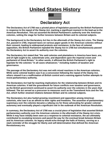 Declaratory Act “Article & Questions” Assignment | Teaching Resources