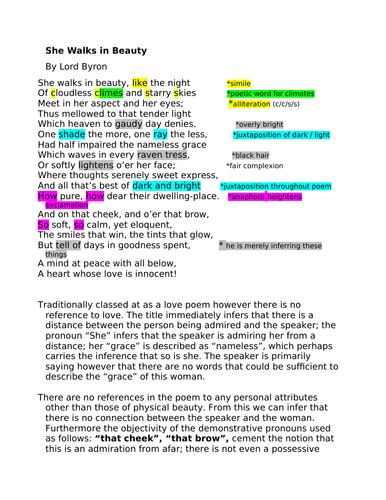 GCSE ENGLISH LITERATURE: analysis "She Walks in Beauty" | Teaching ...