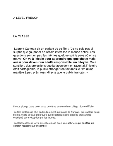 A LEVEL FRENCH revision "Entre Les Murs" | Teaching Resources