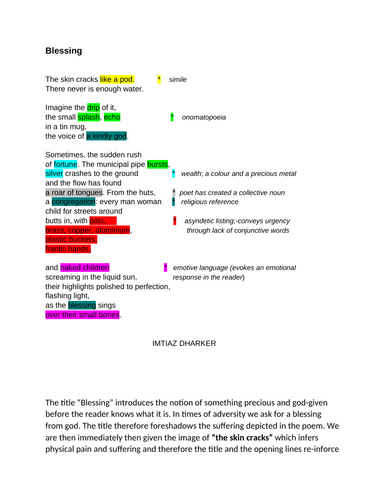 iGCSE ENGLISH LITERATURE poetry analysis "Blessing" | Teaching Resources