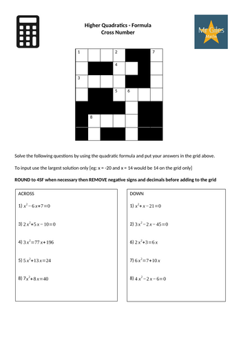 Higher Quadratics - Formula Cross Number | Teaching Resources Higher Quadratics - Formula Cross Number | Teaching Resources