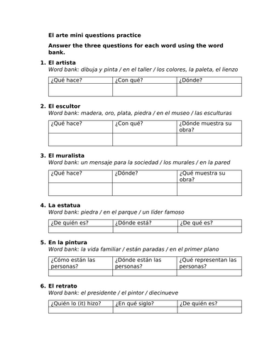 El arte mini questions practice | Teaching Resources