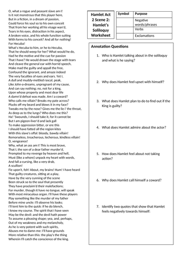 Hamlet's soliloquy Act 2, Scene 2 worksheet | Teaching Resources