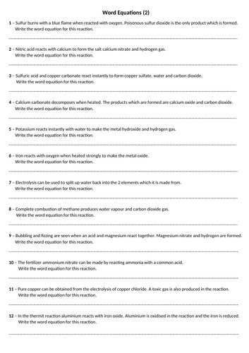 Word Equations Practice Questions (with answers) | Teaching Resources