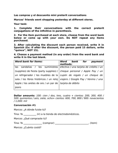 Las compras y el descuento mini preterit conversations | Teaching Resources