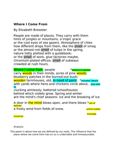 iGCSE ENGLISH LITERATURE poetry analysis "Where I Come From" | Teaching ...