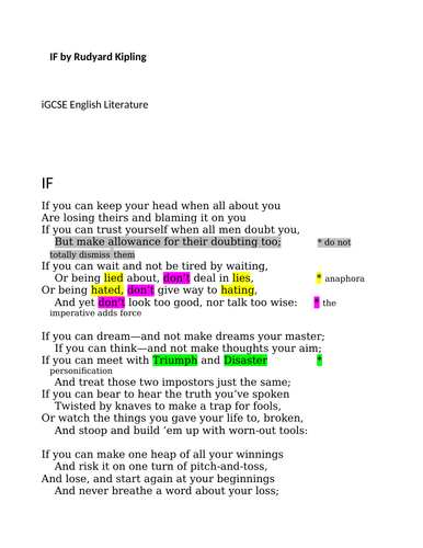 iGCSE ENGLISH LITERATURE level 9 analysis of "If" by Rudyard Kipling ...