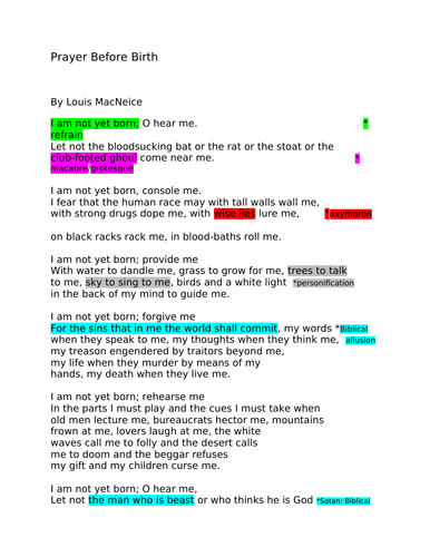 iGCSE ENGLISH LITERATURE poetry analysis "Prayer Before Birth ...