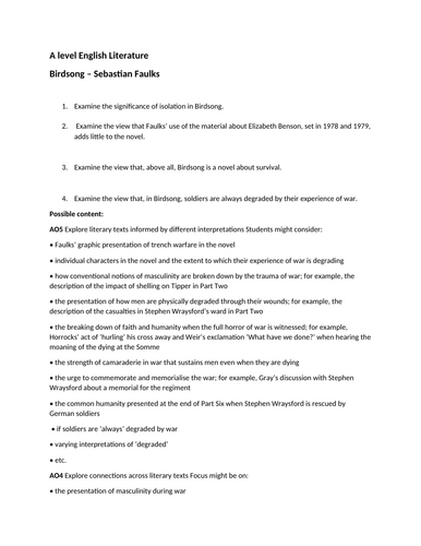 A LEVEL ENGLISH LITERATURE revision notes "Birdsong" | Teaching Resources