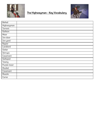 The Highwayman Poem Vocabulary Worksheet | Teaching Resources