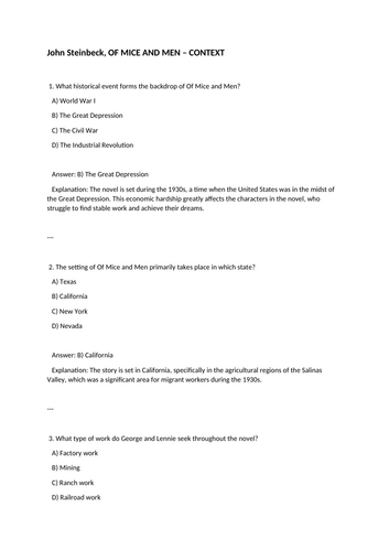 Of Mice and Men, Steinbeck - Context Questions | Teaching Resources