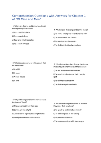 Of Mice and Men, chapter 1 multiple choice with answers and explanation ...