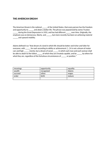 Cloze Activity on The American Dream | Teaching Resources