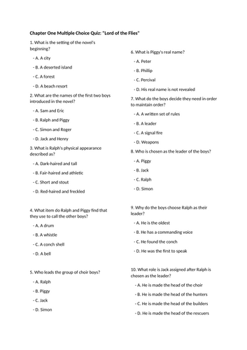 Lord of the Flies Chapter 1 Comprehension Multiple Choice | Teaching ...