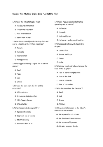 Lord of the Flies Chapter multiple choice with answers. | Teaching ...