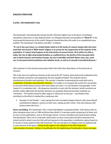 A LEVEL ENGLISH LITERATURE: OCR: "The Handmaid's Tale" essay questions ...