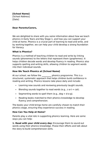 Phonics Explained: Editable Parent Information Letter | Teaching Resources