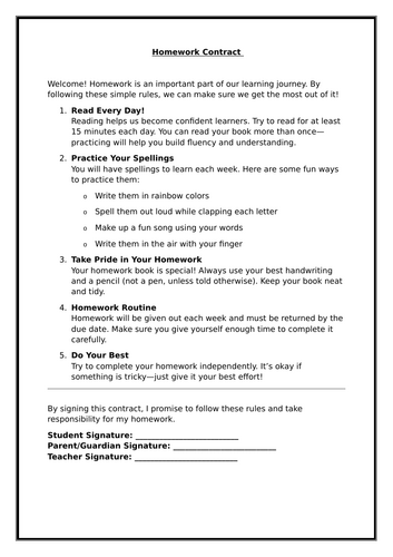 Editable Homework Contract | Teaching Resources