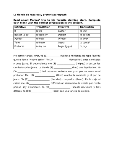 La tienda de ropa easy preterit paragraph | Teaching Resources