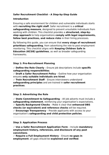 Safer Recruitment Checklist | Teaching Resources