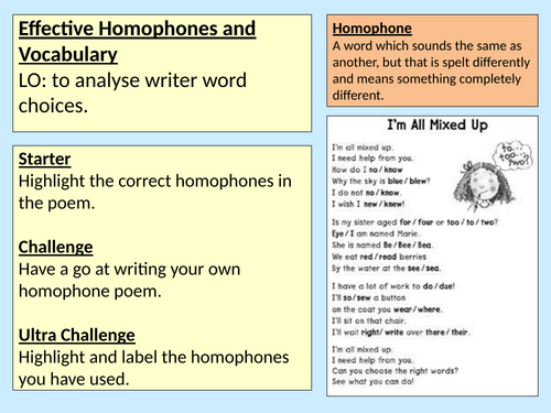 Effective Vocab Homophones Literacy Y7 | Teaching Resources