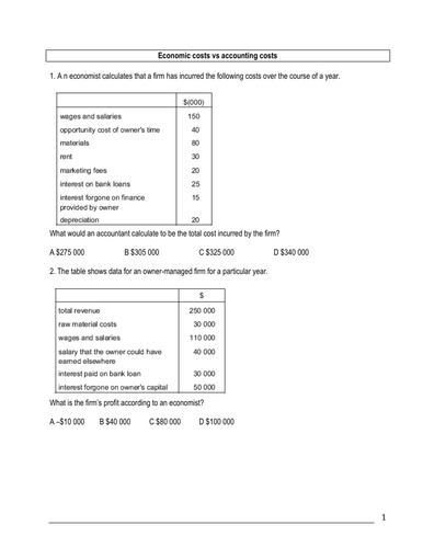 A Level Economics MCQs of Economic Vs Accounting costs | Teaching Resources