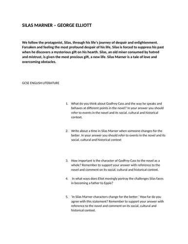 "Silas Marner" GCSE ENGLISH LITERATURE a bank of essay questions ...