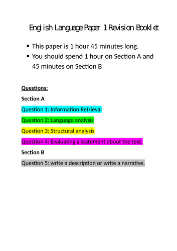 AQA English Language GCSE Paper 1 Booklet | Teaching Resources AQA English Language GCSE Paper 1 Booklet | Teaching Resources