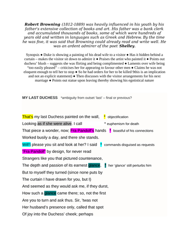 iGCSE ENGLISH LITERATURE poetry analysis "My Last Duches" | Teaching ...