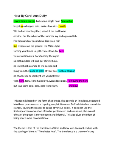 A LEVEL ENGLISH LITERATURE poetry analysis "Hour" by Carol Ann Duffy ...
