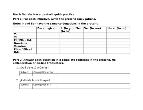Dar Ir Ser Ver Hacer preterit quick practice | Teaching Resources