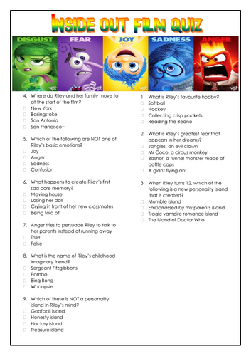 Inside Out Film Quiz | Teaching Resources