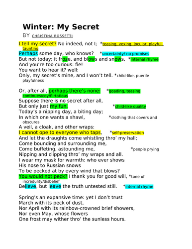 WINTER: MY SECRET poetry analysis OCR ENGLISH LITERATURE A LEVEL ...